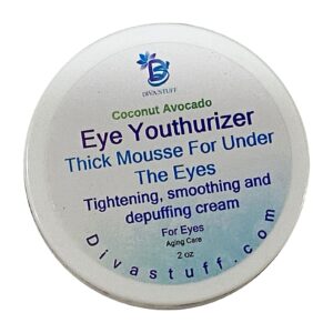 diva stuff coconut and avocado eye youthurizer, thick melt mousse for under the eyes, tightens, lifts, smooths and depuffs, 2 oz