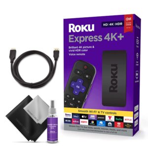 roku express 4k+ 2021 streaming media player with smooth wireless streaming and roku voice remote with tv controls, includes premium hdmi® cable & bundle swanky cables hdmi cable and tv cleaning kit