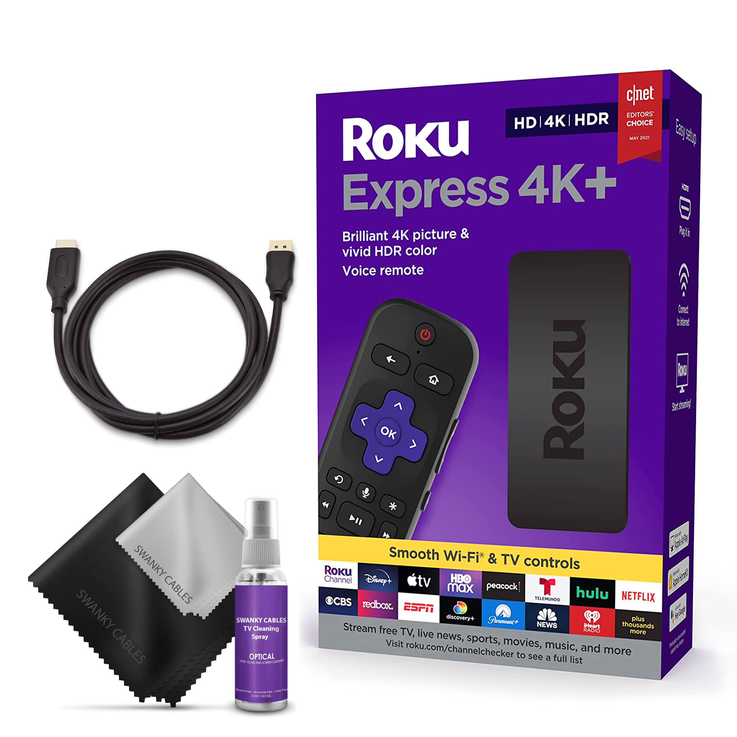 Roku Express 4K+ 2021 Streaming Media Player with Smooth Wireless Streaming and Roku Voice Remote with TV Controls, Includes Premium HDMI® Cable & Bundle Swanky Cables HDMI Cable and TV Cleaning Kit