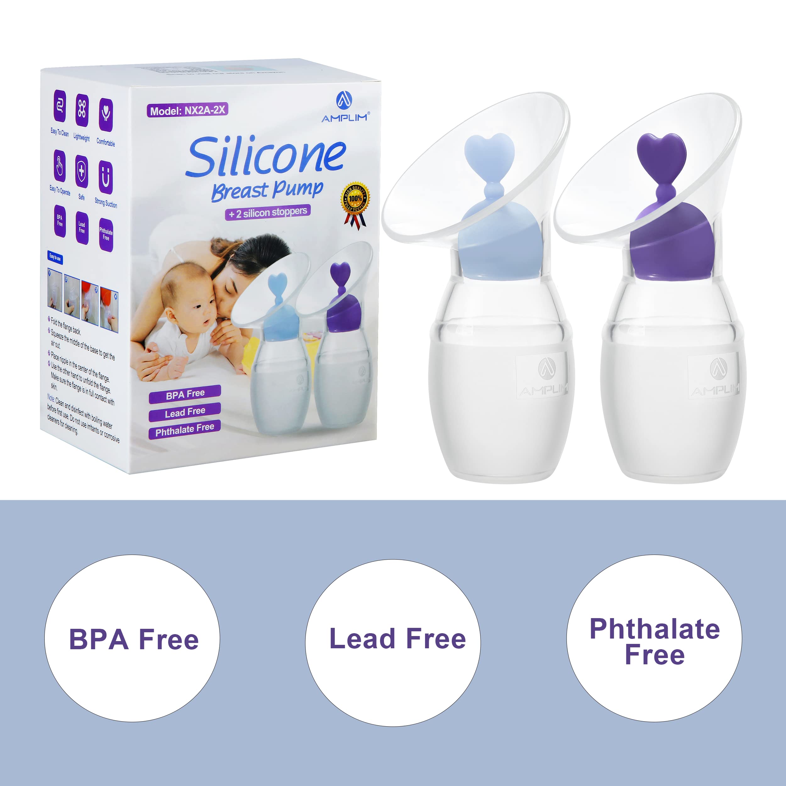 Amplim 2-Pack Food Grade Silicone Breast Milk Collector 4oz/100ml | Manual Breast Pump with Breastfeeding Milk Saver Stopper | FSA HSA | BPA PVC Lead and Phthalate Free | Blue