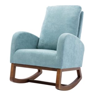 SmartDer Comfy Rocking Chair Nursery, Padded Rocking Chair with A Pocket, Accent Armchair with High Backrest and Solid Wood Base, Modern Lounge Living Room Chair for Nursery, Lake Blue