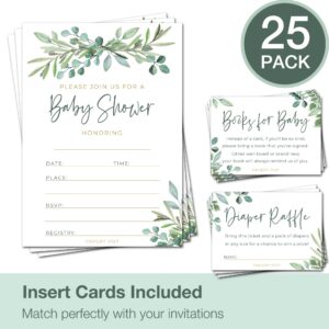 Set of 25 Baby Shower Invitations with Envelopes, Diaper Raffle Tickets and Baby Shower Book Request Cards - Eucalyptus