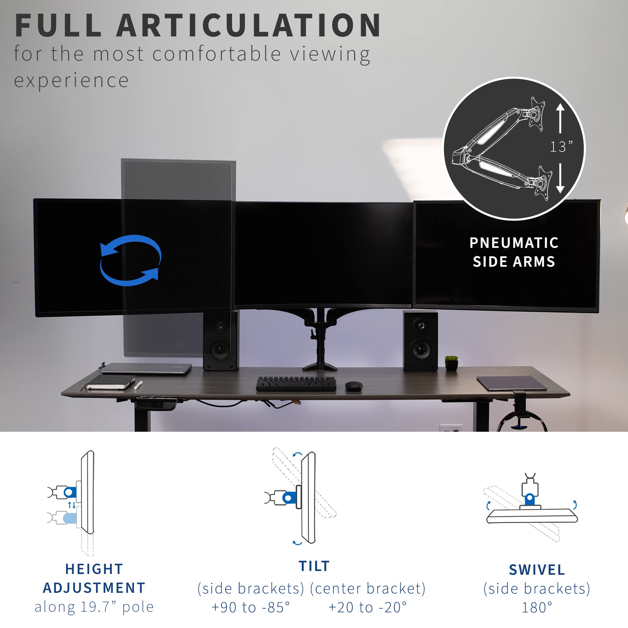 VIVO Triple Monitor Height Adjustable Desk Mount, 2 Pneumatic Arms, 1 Fixed, Counterbalance Stand, 17.6 lbs Weight Capacity, Max VESA 100x100, Fits up to 32 inch Screens, Black, STAND-V103G