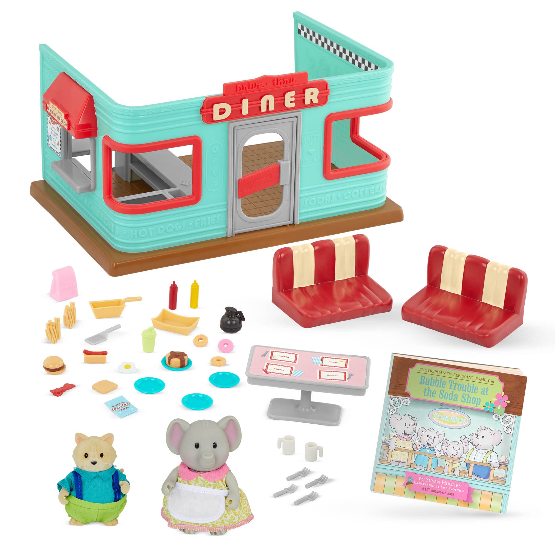 Li'l Woodzeez – Li'l Nibbles Drive Thru Diner – 40Pcs Dollhouse Playset – 2 Posable Doll Figures & 1 Storybook Included – Miniature Food & Accessories – Stackable Playset for Kids 3+