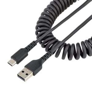 startech.com 3ft (1m) usb a to c charging cable, coiled heavy duty fast charge & sync usb-c cable, usb 2.0 a to type-c cable, rugged aramid fiber, durable male to male usb, black (r2acc-1m-usb-cable)