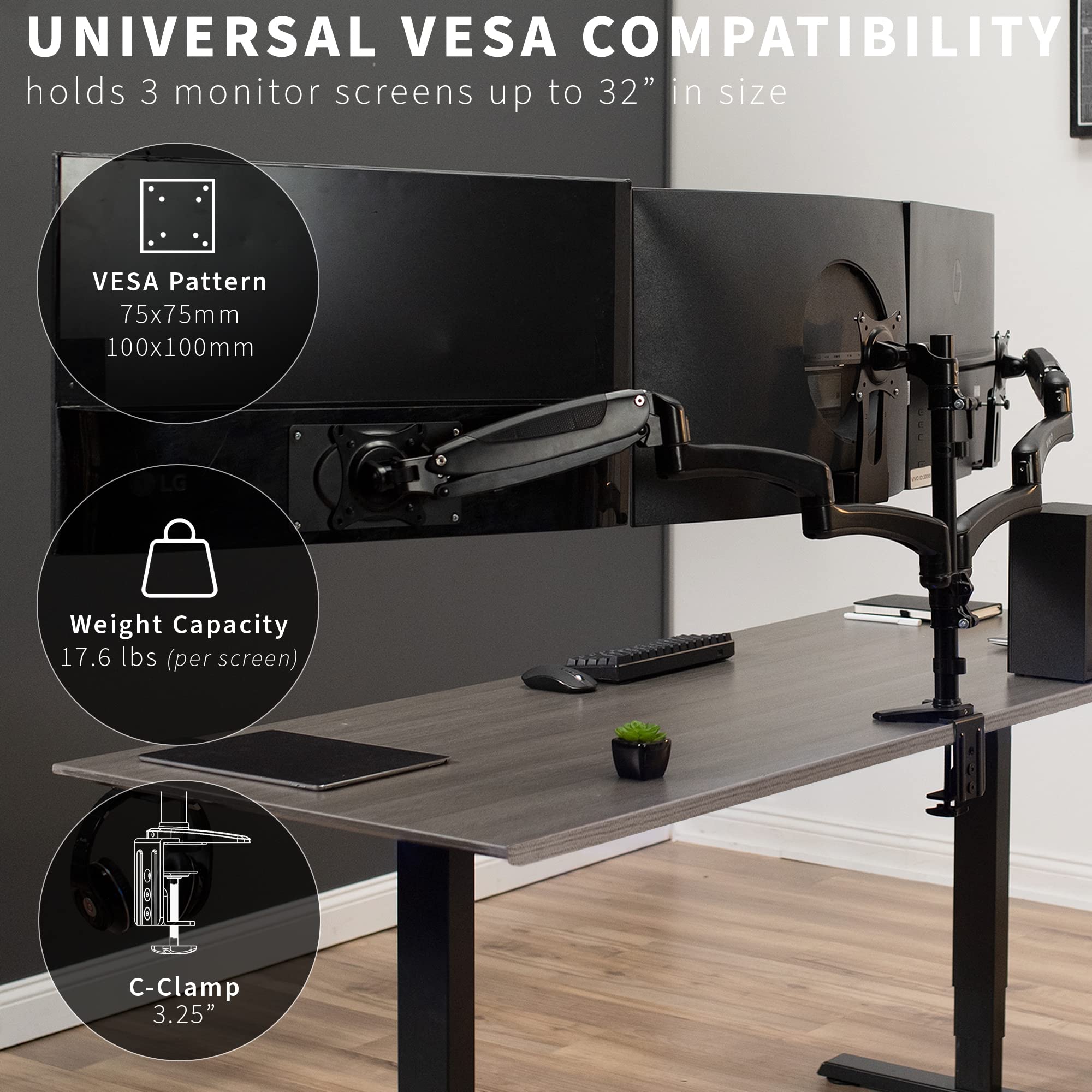 VIVO Triple Monitor Height Adjustable Desk Mount, 2 Pneumatic Arms, 1 Fixed, Counterbalance Stand, 17.6 lbs Weight Capacity, Max VESA 100x100, Fits up to 32 inch Screens, Black, STAND-V103G