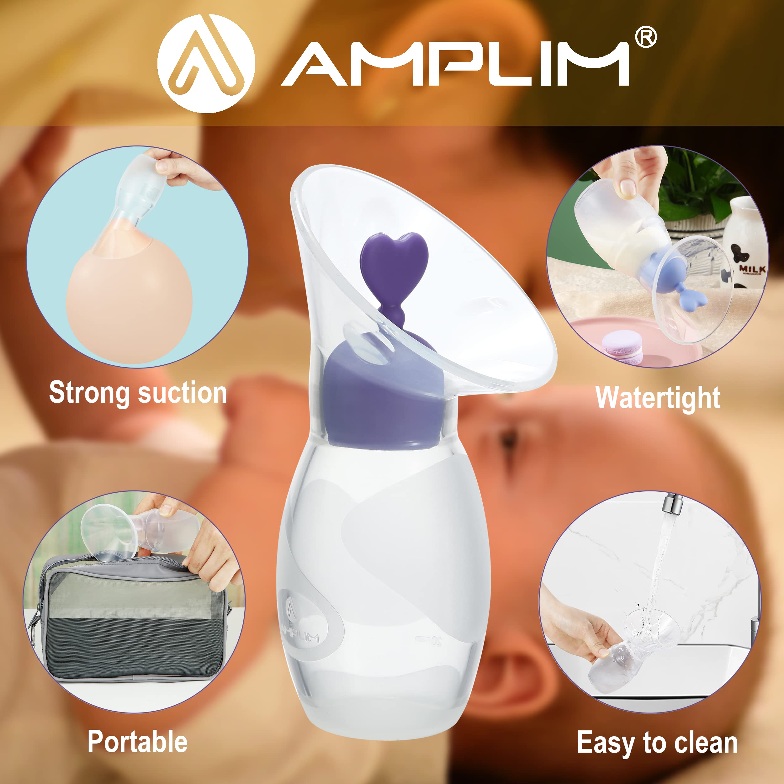 Amplim 2X Food Grade Silicone Breast Pumps 4oz/100ml | Manual Breast Pump Milk Collector with Breastfeeding Milk Saver Stopper | FSA HSA | BPA PVC Lead and Phthalate Free | Blue Purple