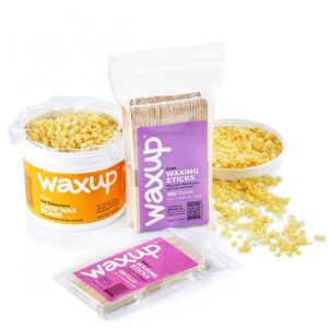 waxup honey hard wax beads 18oz, professional hard wax beans for hair removal, 200 assorted waxing sticks wooden applicators. bikini waxing kit.