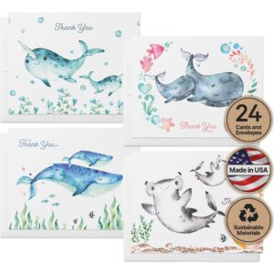 twigs paper - baby shower thank you cards - ocean themed assorted thank you card set - 24 blank cards with envelopes - eco friendly stationery - (5.5 x 4.25 inch) - made in usa