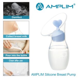 Amplim 2X Food Grade Silicone Breast Pumps 4oz/100ml | Manual Breast Pump Milk Collector with Breastfeeding Milk Saver Stopper | FSA HSA | BPA PVC Lead and Phthalate Free | Blue Purple