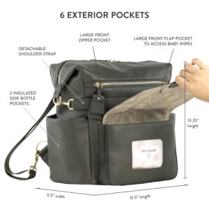 TWELVElittle Peek A Boo Convertible Hobo Diaperbag Backpack with Changing Pad, Wipes Case and Stroller Clips, Vegan Leather- Olive