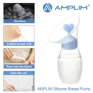 Amplim 2-Pack Food Grade Silicone Breast Milk Collector 4oz/100ml | Manual Breast Pump with Breastfeeding Milk Saver Stopper | FSA HSA | BPA PVC Lead and Phthalate Free | Blue