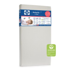 sealy baby butterfly 2-stage breathable waterproof baby crib mattress & toddler bed mattress, washable cover, premium american foam, greenguard gold certified for safety, made in usa, 52"x28"