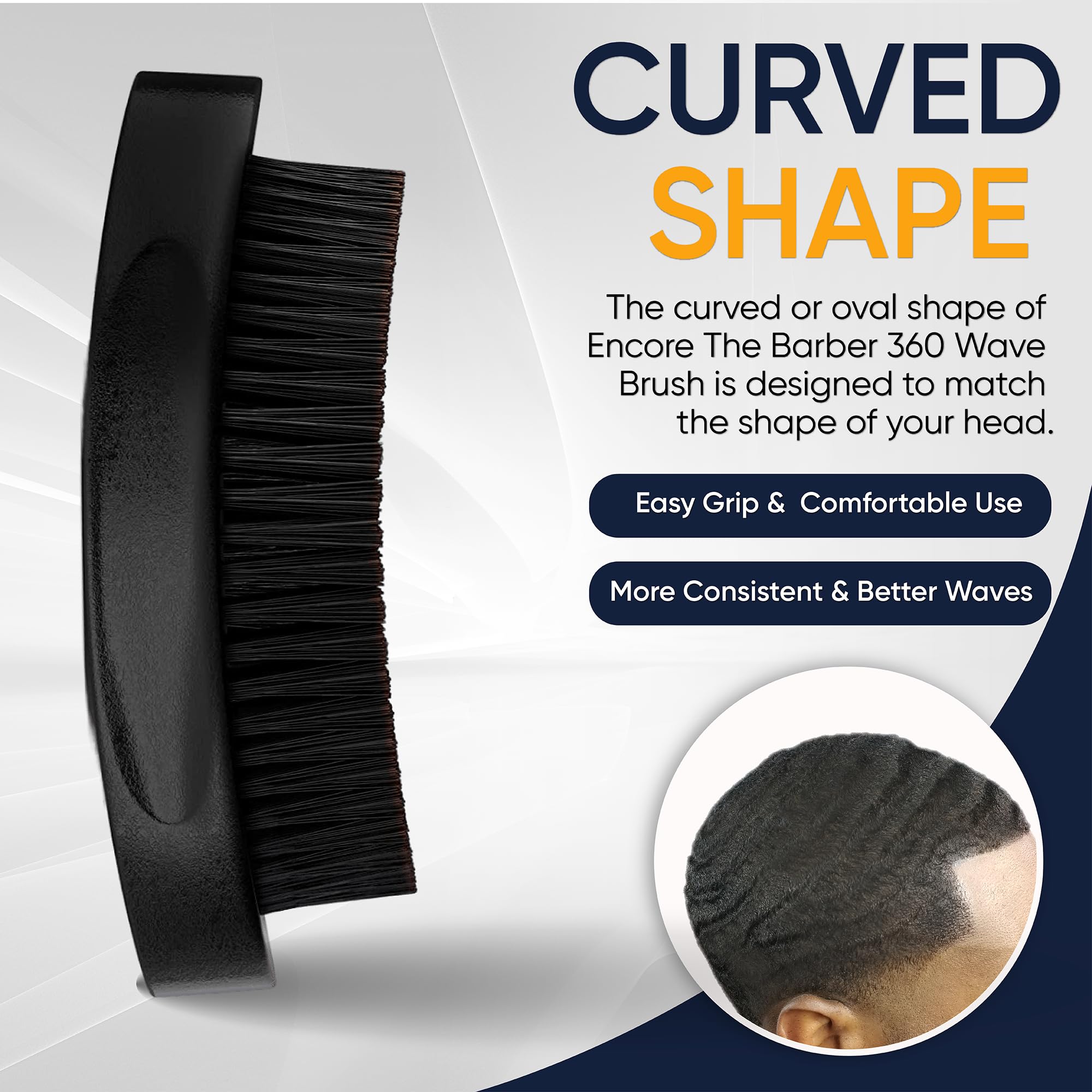 Encore The Barber 360 Wave Brush medium boar bristle | curved palm for men hair (Black)