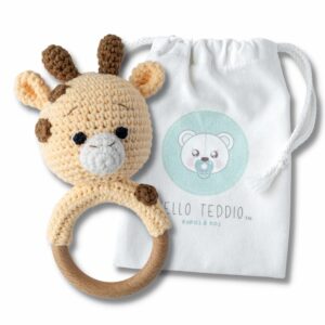 hello teddio baby rattle teething toy, smooth wooden easy grip ring, gender neutral baby gifts