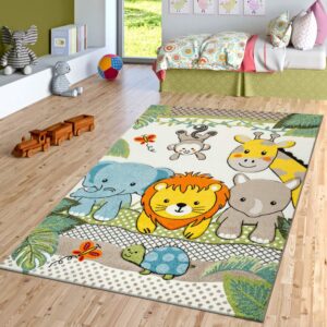 paco home kids room rug cute zoo animals jungle lion and elephants in 3d effect colorful, size: 3'11" x 5'7"