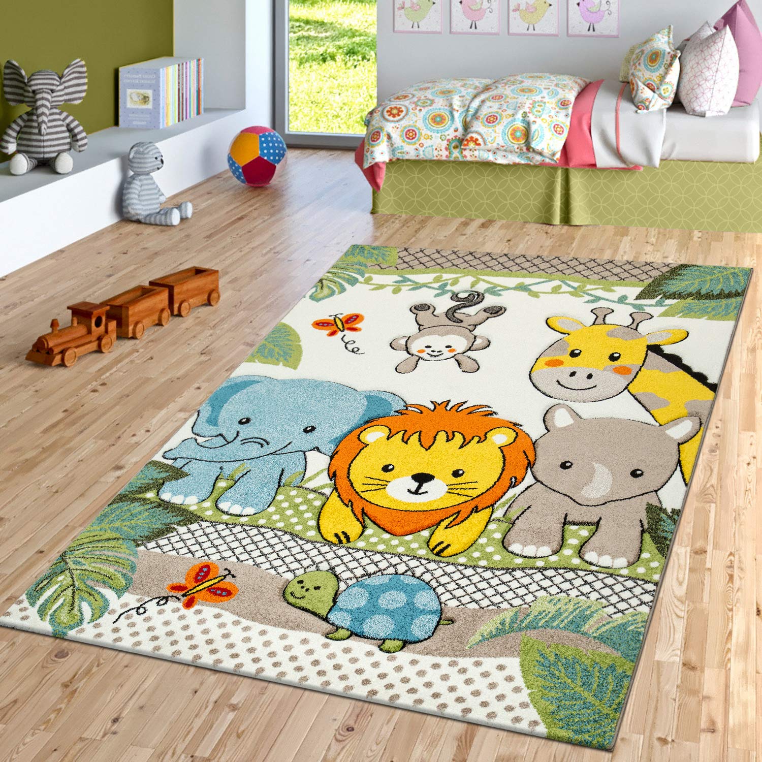 Paco Home Kids Room Rug Cute Zoo Animals Jungle Lion and Elephants in 3D Effect Colorful, Size: 3'11" x 5'7"