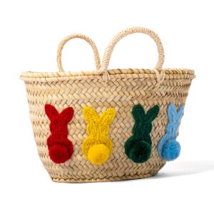 personalized easter basket - handmade bunny baskets with custom name, cute rabbit and colorful pompoms for kids - perfect for easter egg hunt, storage candies, spring birthdays and baby showers