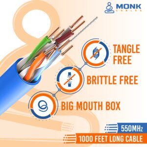 MONK CABLES | CAT6 Plenum Cable 1000ft | 100% Pure Copper | UTP, 23AWG, 550MHz | DSX-8000 Certified | Most Certified Cable of The Whole Market (Blue)