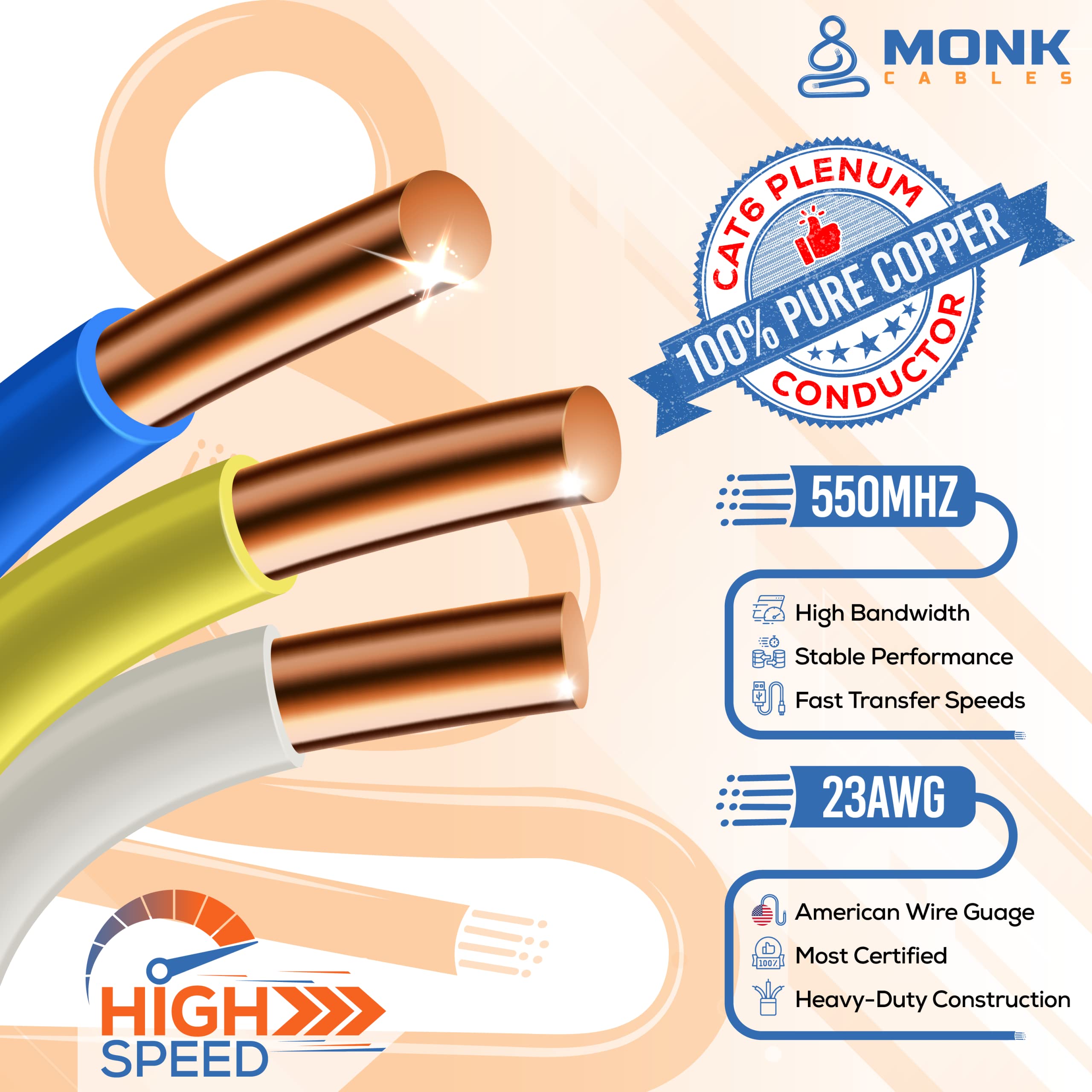 MONK CABLES | CAT6 Plenum Cable 1000ft | 100% Pure Copper | UTP, 23AWG, 550MHz | DSX-8000 Certified | Most Certified Cable of The Whole Market (Blue)