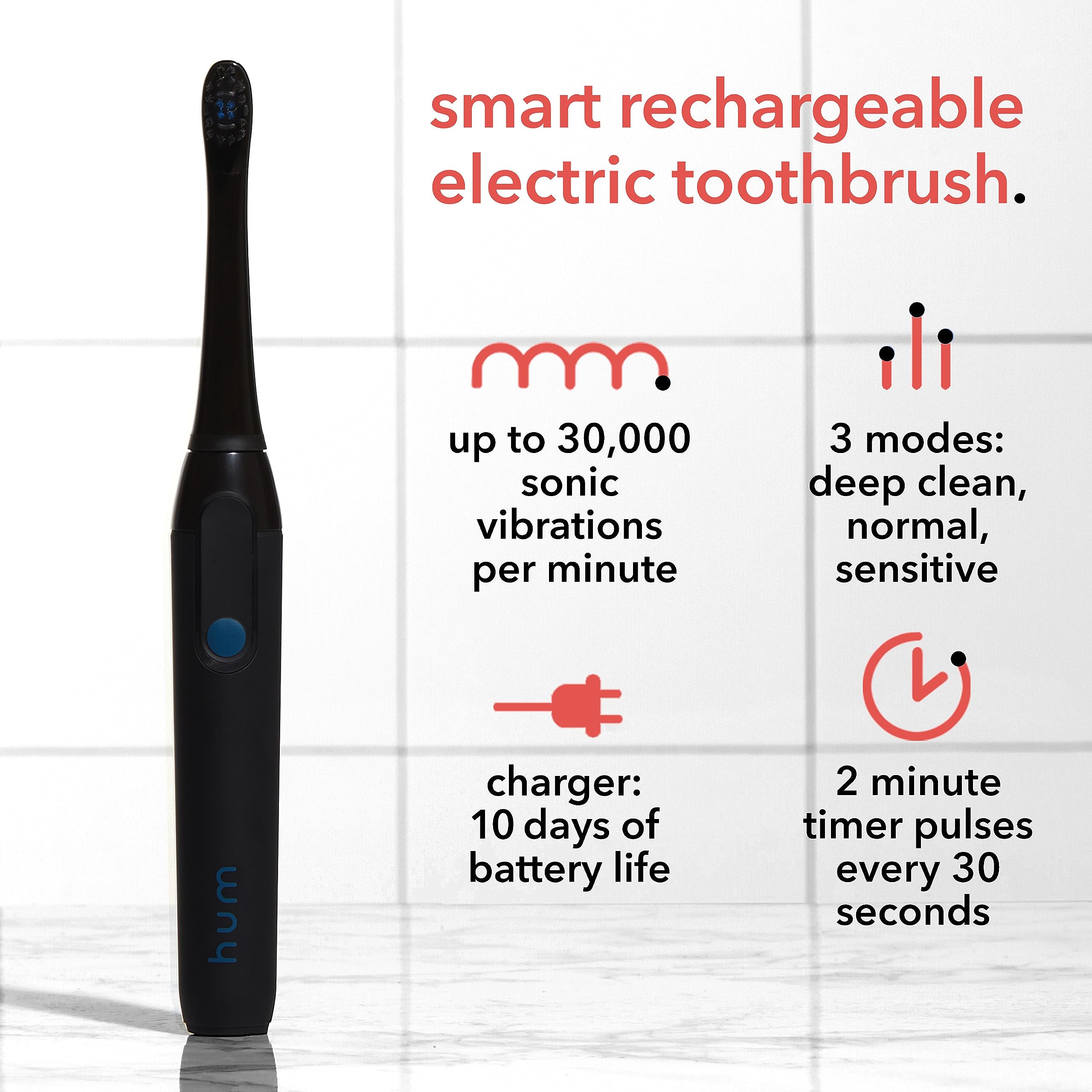 hum by Colgate Smart Rechargeable Electric Toothbrush Kit, Black, Unisex-Adults