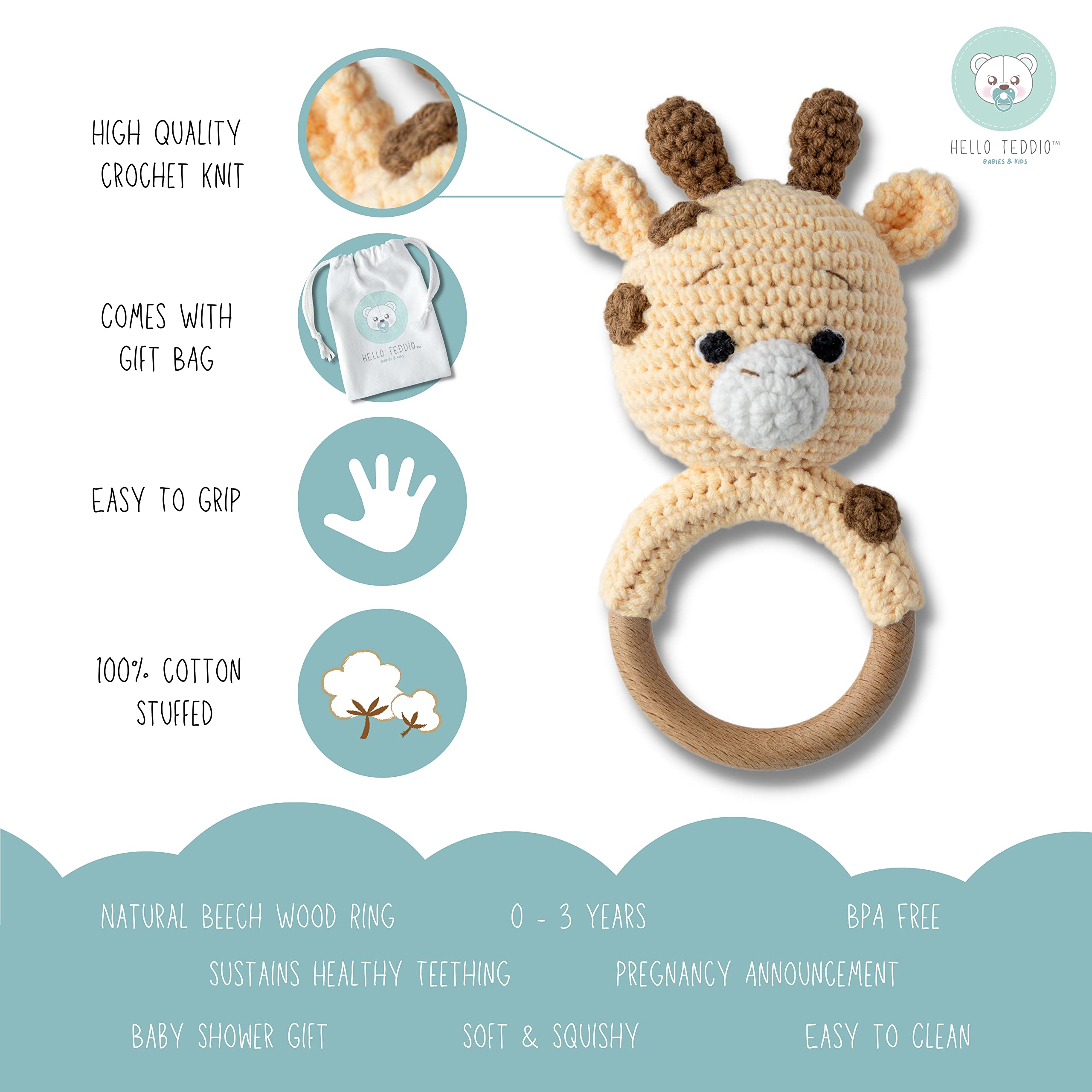 Hello Teddio Baby Rattle Teething Toy, Smooth Wooden Easy Grip Ring, Gender Neutral Baby Gifts