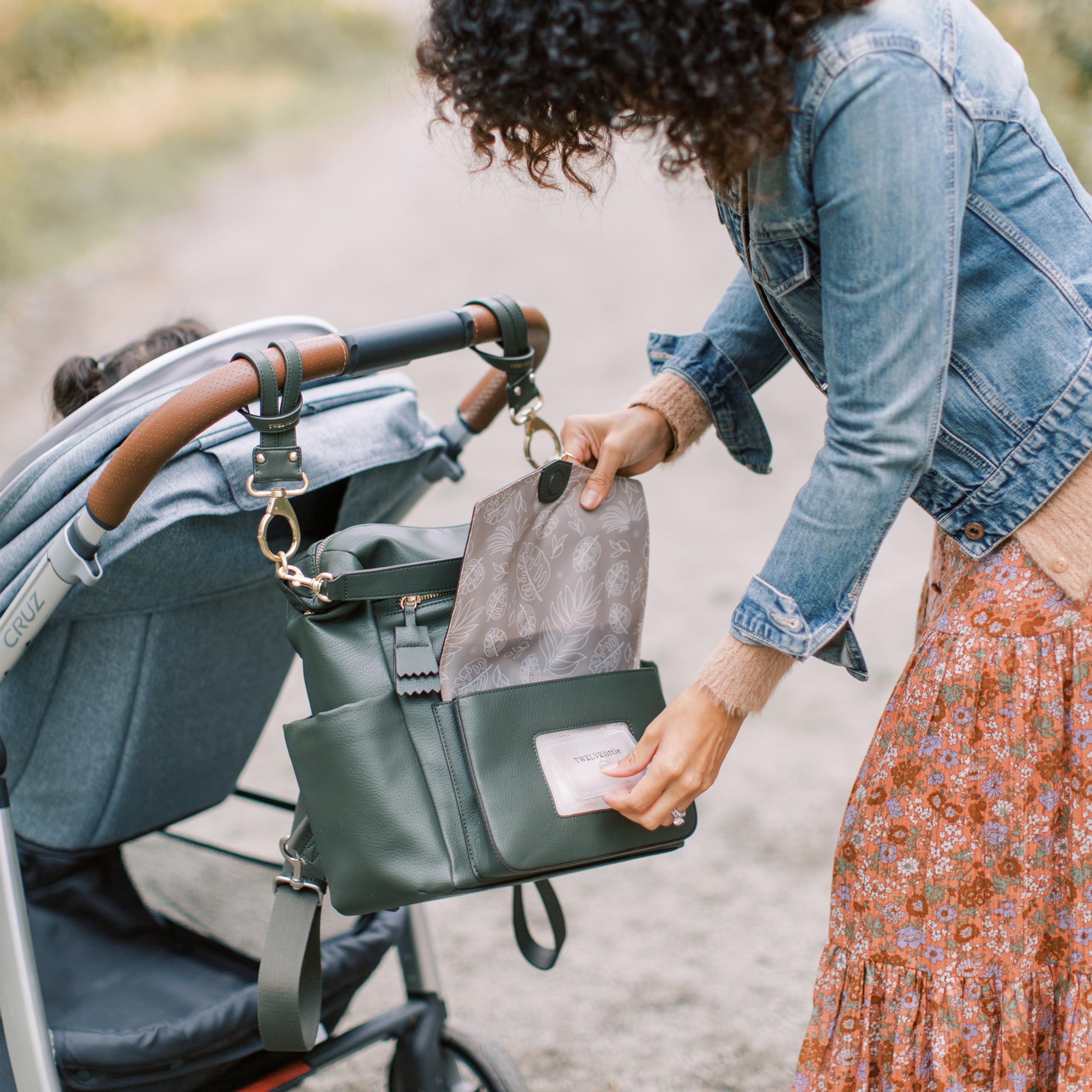 TWELVElittle Peek A Boo Convertible Hobo Diaperbag Backpack with Changing Pad, Wipes Case and Stroller Clips, Vegan Leather- Olive