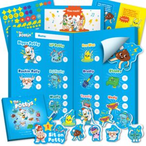 the pottys funny potty training chart game for boys and girls, potty training rewards for toddlers - 12 foam toys, potty stickers, certificate, cue cards and potty book for toilet training