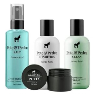 pete & pedro bueno hair samples set - men's hair care and styling trial & travel size kit | sea salt spray, putty, clean shampoo, & peppermint condition | as seen on shark tank, set of 4 products