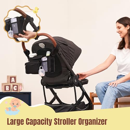 Coo & Cradle Ultimate Stroller Caddy | Large Adjustable Extra Pockets Organizer with Insulated Cup Holders, Shoulder Strap, Changing Pad, and Pacifier Holder | Multi-compartment Stroller Bag