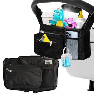 coo & cradle ultimate stroller caddy | large adjustable extra pockets organizer with insulated cup holders, shoulder strap, changing pad, and pacifier holder | multi-compartment stroller bag