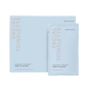 nuface prep-n-glow facial towelettes - 2-in-1 exfoliating + cleansing makeup remover wipes, hyaluronic acid travel face wipes to hydrate & brighten for glowing skin - 20 individually wrapped cloths