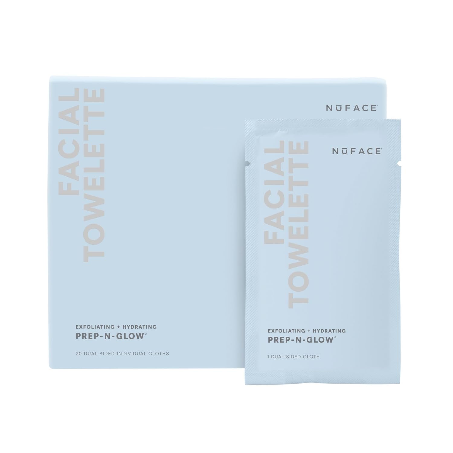 NuFACE Prep-N-Glow Facial Towelettes - 2-in-1 Exfoliating + Cleansing Makeup Remover Wipes, Hyaluronic Acid Travel Face Wipes to Hydrate & Brighten for Glowing Skin - 20 Individually Wrapped Cloths