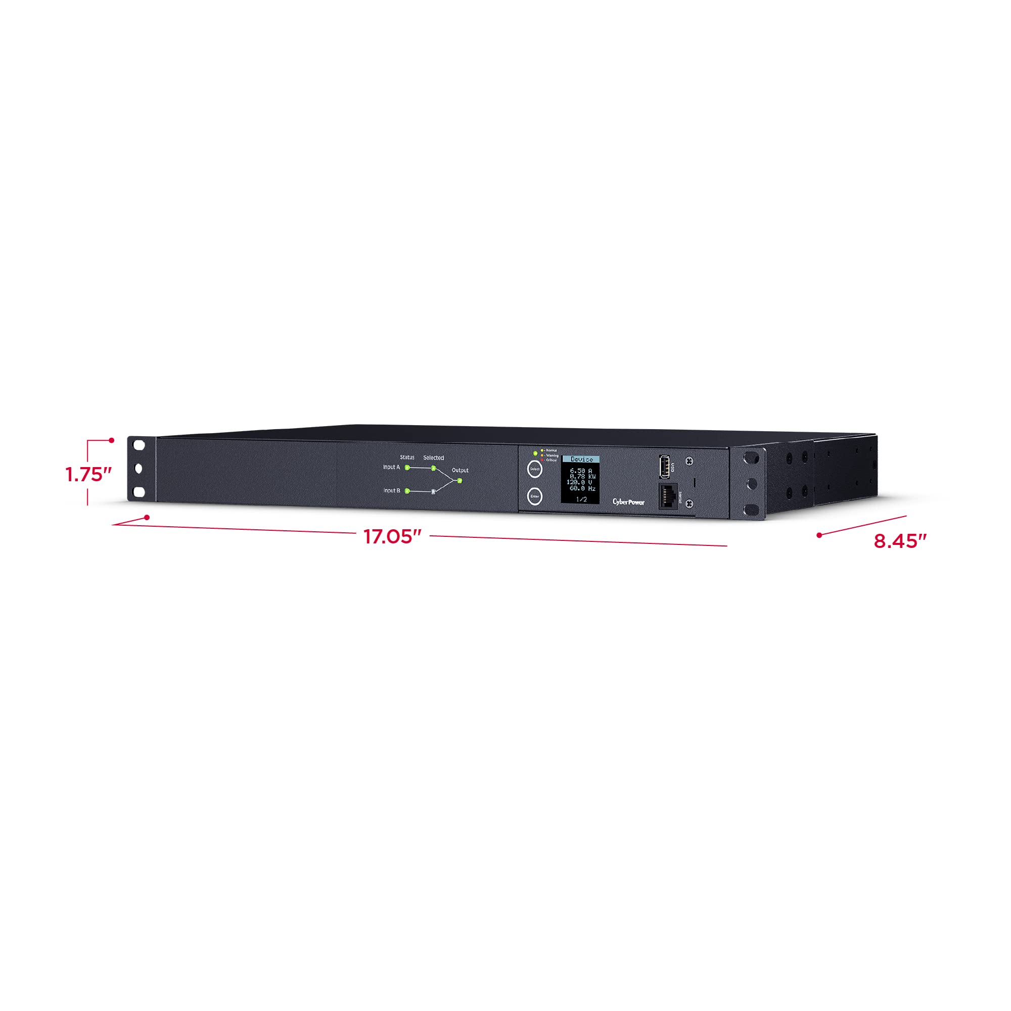 CyberPower PDU24002 Metered ATS PDU, 100-120V, 20A (Derated to 16A), 10 Outlets, 1U Rackmount