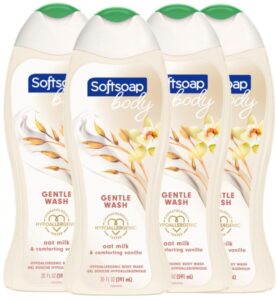 softsoap oat milk and vanilla body wash, hypoallergenic body wash for sensitive skin, dermatologist tested, ph balanced, no parabens, no phthalates, 20 oz, 4 pack