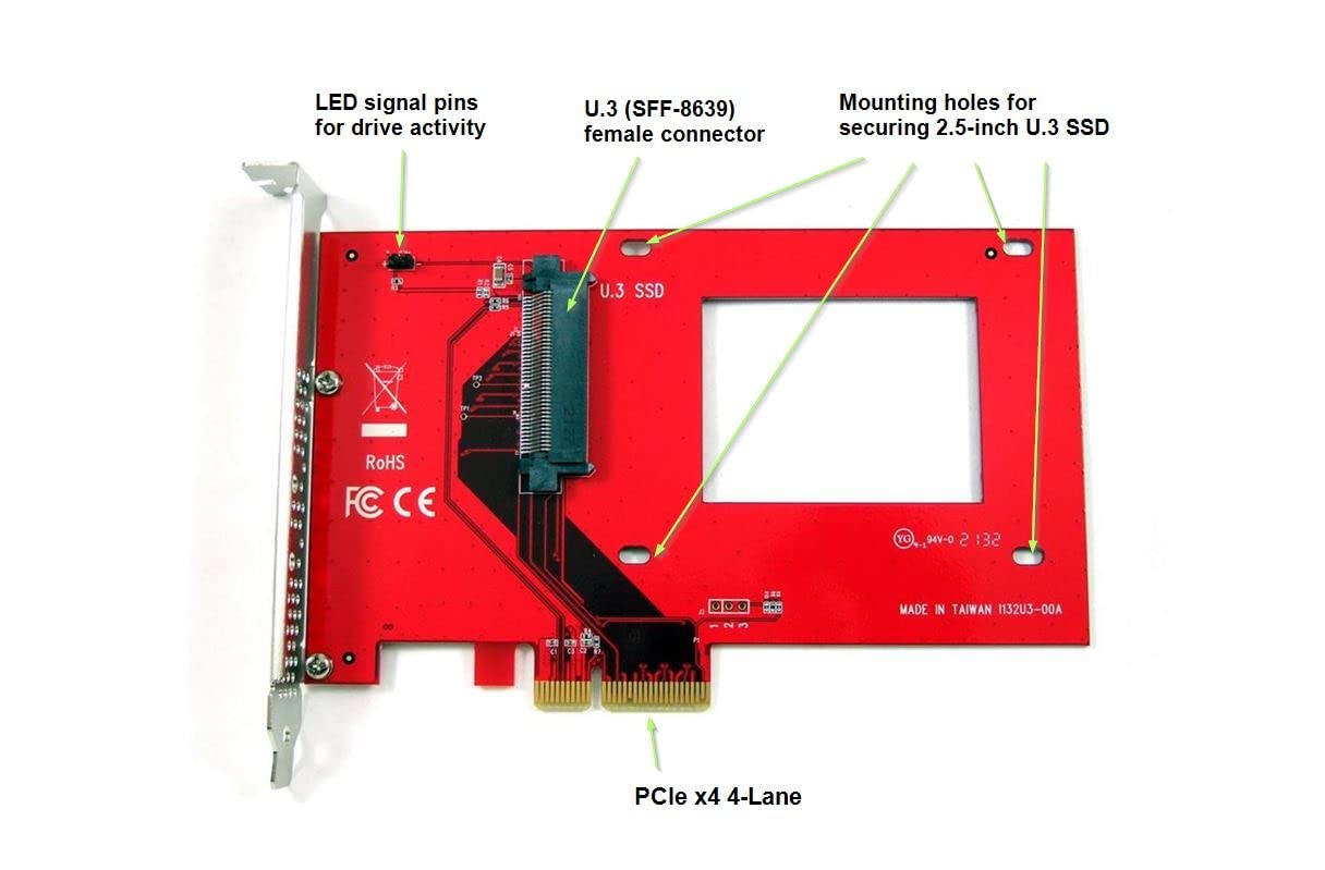 Ableconn PEXU3-132 NVMe 2.5-inch U.3 SSD PCIe 4.0 x4 SFF-TA-1001 Carrier Adapter Card - for 2.5-inch U.3 NVMe SSD - U.3 to PCIe 4.0 - PCIe Adapter for U.3 Drive