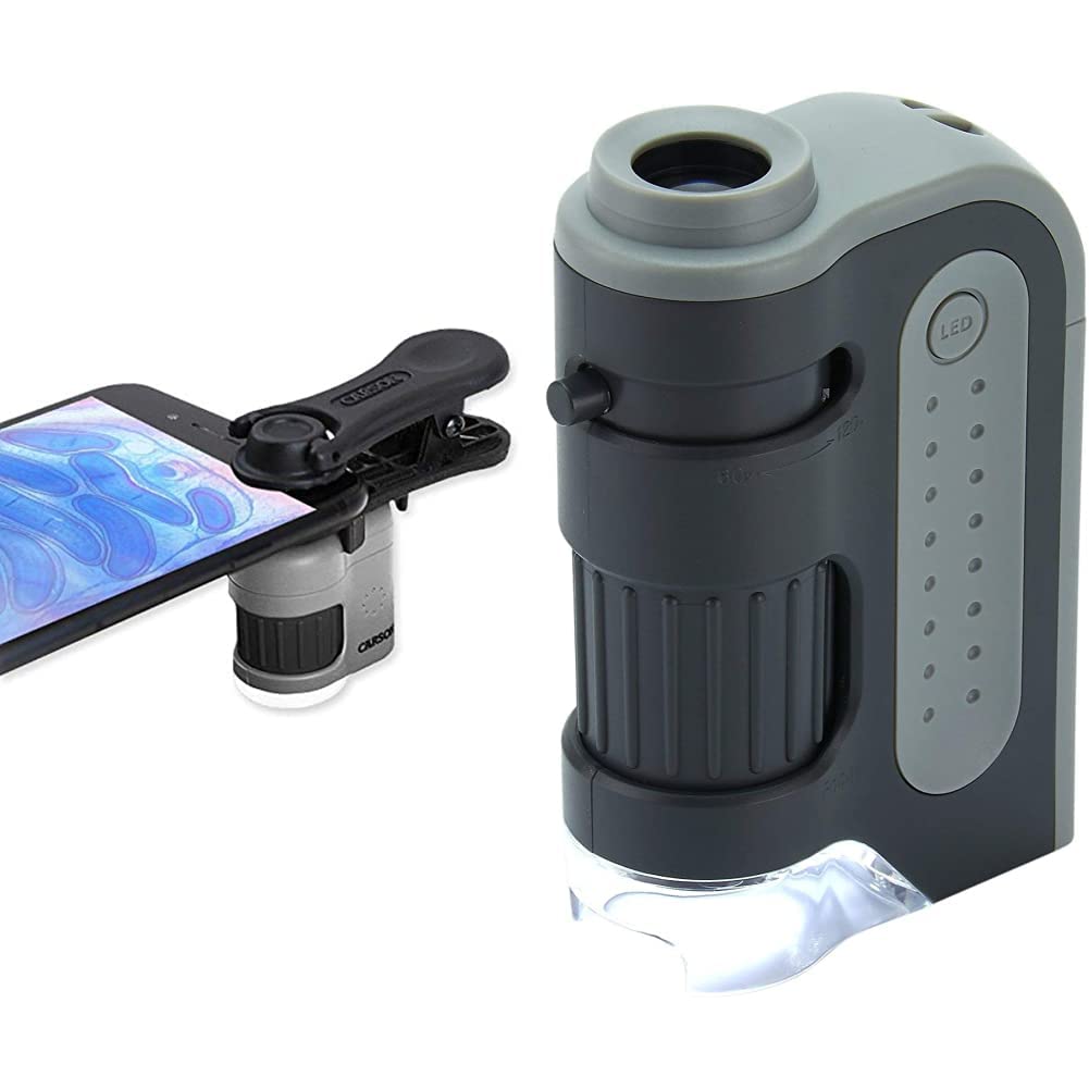 Carson MicroMini 20x LED Lighted Pocket Microscope with Built-in LED and UV Flashlight and Universal Smartphone Digiscoping Adapter Clip & MicroBrite Plus 60x-120x LED Lighted Pocket Microscope