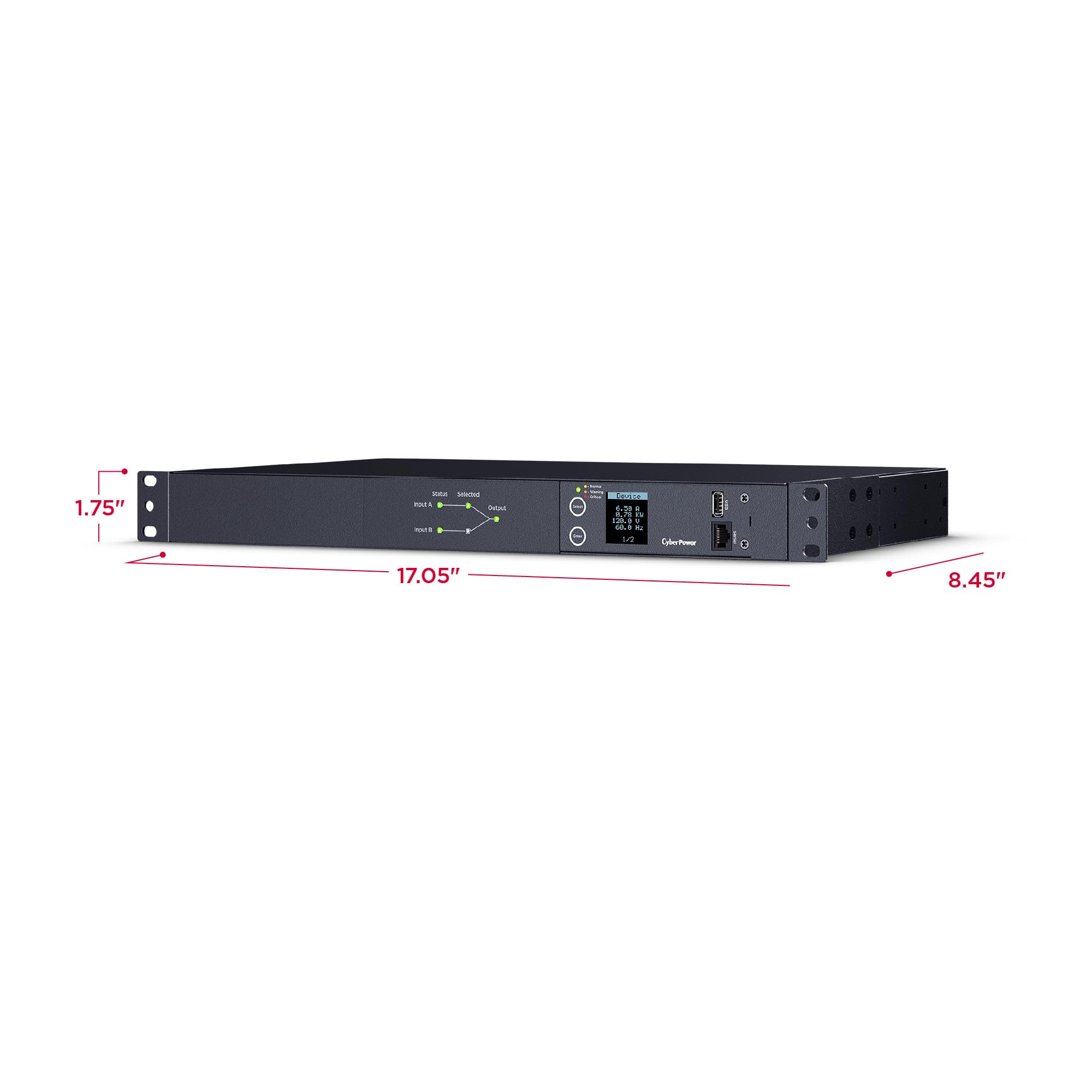 CyberPower PDU24001 Metered ATS PDU, 100-120V, 15A (Derated to 12A), 10 Outlets, 1U Rackmount