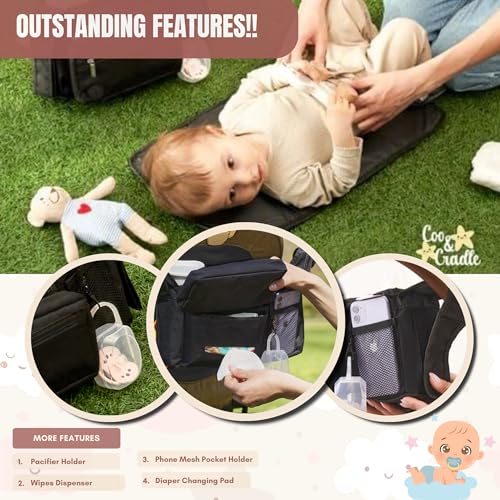 Coo & Cradle Ultimate Stroller Caddy | Large Adjustable Extra Pockets Organizer with Insulated Cup Holders, Shoulder Strap, Changing Pad, and Pacifier Holder | Multi-compartment Stroller Bag