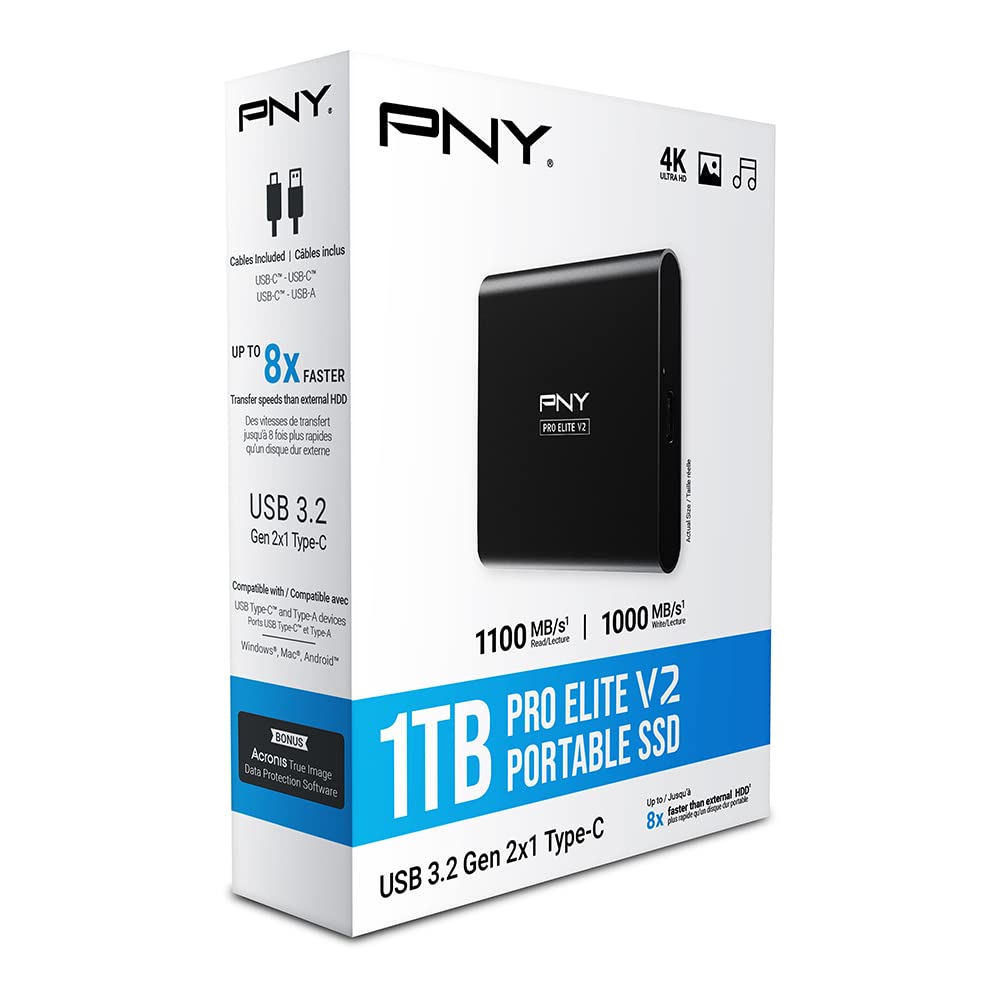 PNY Pro Elite V2 1TB USB 3.2 Gen 2x1 Type-C Portable Solid State Drive (SSD) – (PSD0CS2160-1TB-RB)