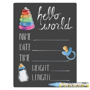 cohas hello world newborn baby announcement chalkboard sign with basic design theme, 9 by 12 inches, blue marker