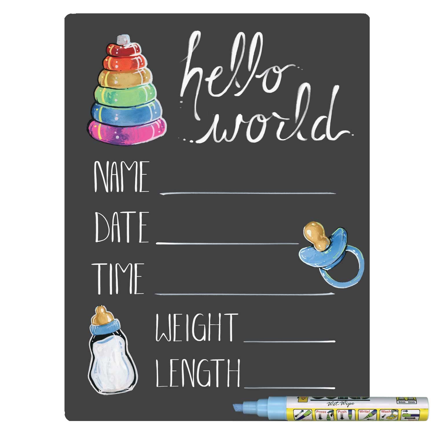 Cohas Hello World Newborn Baby Announcement Chalkboard Sign with Basic Design Theme, 9 by 12 Inches, Blue Marker