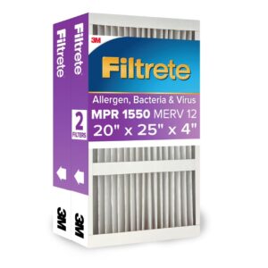 filtrete 20x25x4 slim fit (3.75" width), ac furnace air filter, mpr 1550, merv 12, fits lennox & honeywell devices, electrostatic air cleaning filter, 2-pack (actual size 19.50 x 24.50 x 3.75)