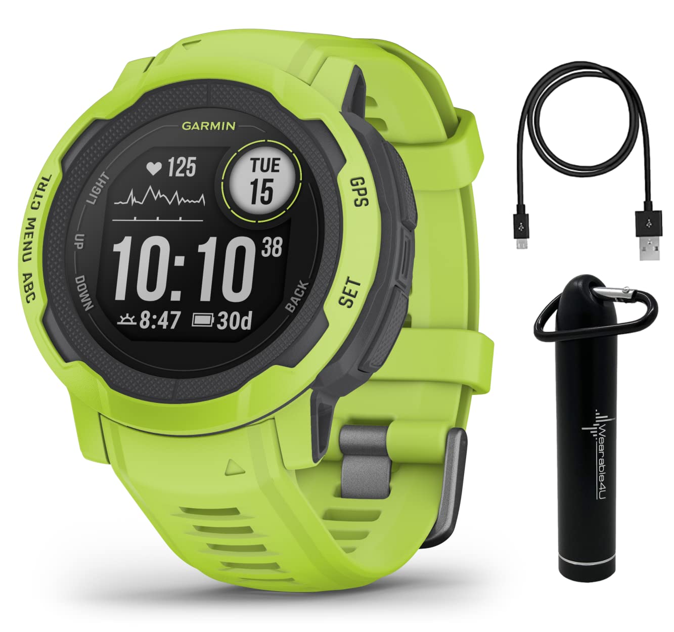 Wearable4U Garmin Instinct 2 GPS Rugged Outdoor Smartwatch, Electric Lime with Corning Gorilla Glass, Multi-GNSS Support Power Bundle