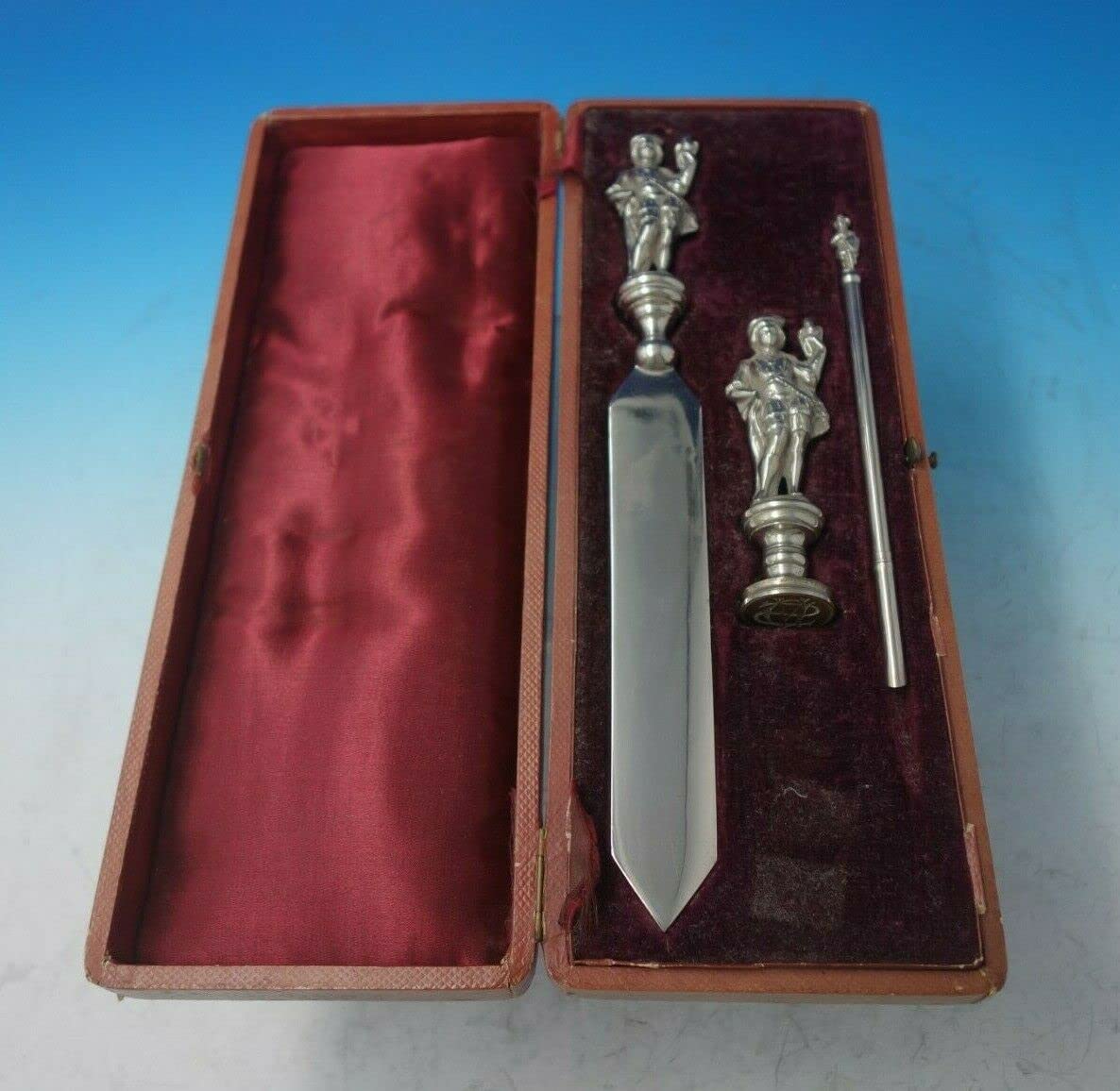 English Silverplate Desk Set 3pc Knife Seal Pen in Original Fitted Box (#5888)