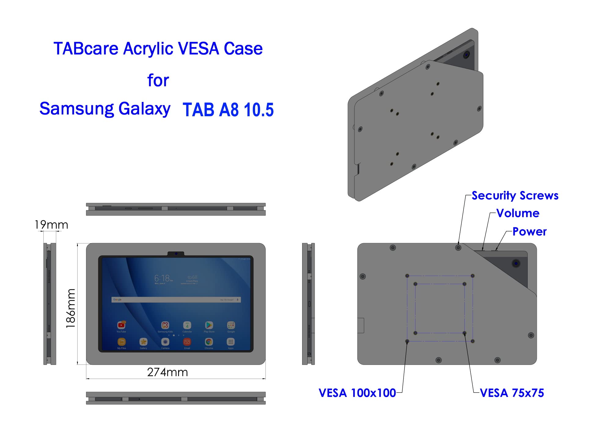 TABcare Anti-Theft Acrylic VESA Enclosure for Galaxy TAB A8 10.5" with Free Wall Mount Kit & 90-Degree Angle USB C Charge Cable (TAB A8 10.5, Black)