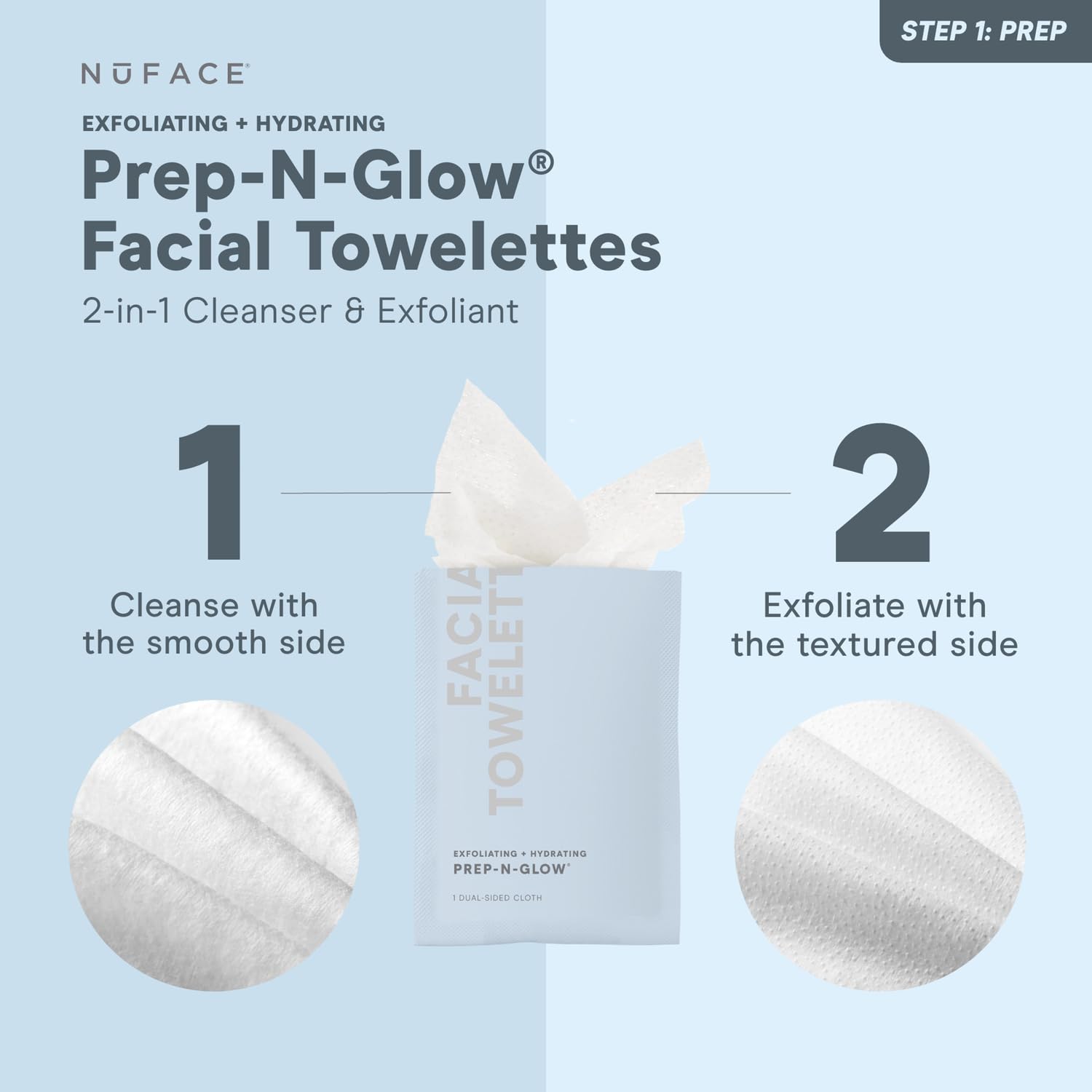 NuFACE Prep-N-Glow Facial Towelettes - 2-in-1 Exfoliating + Cleansing Makeup Remover Wipes, Hyaluronic Acid Travel Face Wipes to Hydrate & Brighten for Glowing Skin - 20 Individually Wrapped Cloths