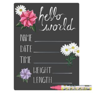 cohas hello world newborn baby announcement chalkboard sign with mixed flower theme, 9 by 12 inches, pink marker