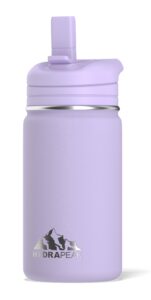 hydrapeak mini 14oz water bottle with straw lid, stainless steel double wall insulated water bottle | leak-proof and spill-proof water bottle, 24 hours cold (lavender)