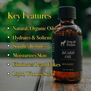 Pete & Pedro BEARD OIL - 100% Natural & Organic Ingredients, Manly Woodsy Scent | Hydrates & Softens Beard & Skin, Reduces Itchiness, Adds Shine, Helps With Beardruff | As Seen on Shark Tank, 2 oz.